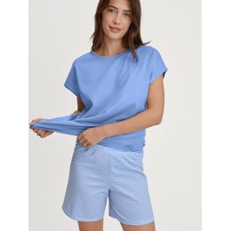 Shorty Calida "Lovely Nights", Damen, Gr. L (48/50), blau (hydrangea blau), Single Jersey, Obermaterial: 100% Baumwolle, kurz, Rundhals, Homewear-Sets Shorty, Rundhalsausschnitt, Baumwolle, kurz&auml;rmelig