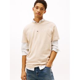 T-Shirt Tommy Jeans "TJM REG LINEAR LOGO TEE EXT", Herren, Gr. XL, gulf sand, Single Jersey, Obermaterial: 100% Baumwolle, bestickt, unifarben, regular fit normal, Rundhals, abgesteppte Kante, Shirts T-Shirt, Rundhals, Regular Fit