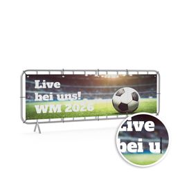 Absperrgitter Banner "Live bei uns" personalisierbar | mit Wunschtext | 215 x 73 cm | Werbeartikel WM & EM | Bannerwerbung online selbst gestalten