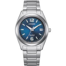 Solaruhr Citizen, silber (titansilberfarben, blau), Armbanduhren, Damen, Armbanduhr, Damenuhr, Titanarmband, Datum, Leuchtzeiger