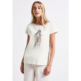 T-Shirt Street One, Damen, Gr. 46, wei&szlig; (sanftes wei&szlig;), Web, 50% Baumwolle, 50% Modal, bedruckt, normal normal, Rundhals, abgesteppt, Shirts T-Shirt, mit Rundhalsausschnitt