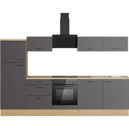 K&uuml;chenzeile KOCHSTATION "KS-Sion", k&uuml;che: grau, korpus: eichefarben, arbeitsplatte: eichefarben hell, B:300cm H:186cm T:60cm, Komplettk&uuml;chen-Sets, K&uuml;chenzeile, Breite 300 cm, neue Technik: OPTIsnap, wahlweise mit E-Ger&auml;ten