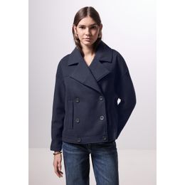 Cabanjacke STREET ONE STUDIO, Damen, Gr. 46, blau (tiefblau), Stoff, Obermaterial: 90% Polyester, 10% Viskose. Futter: 100% Polyester, unifarben, oversize normal, V-Ausschnitt, B&uuml;ndchen, Jacken, mit Reverskragen