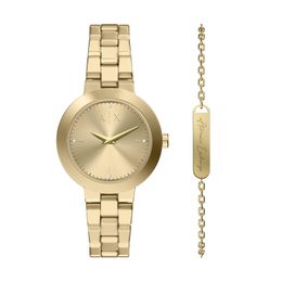 Quarzuhr Armani Exchange, gelbgoldfarben, goldfarben, Armbanduhren, Damen, Quarzuhr, Armbanduhr, Damenuhr, Edelstahlarmband, analog, Glassteine