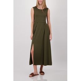 Maxikleid monari "Kleid uni", Damen, Gr. 38, N-Gr, olive, Web, Obermaterial: 96% Polyester, 4% Elasthan, unifarben, regular fit lang, Rundhals, Kleider Maxikleid, Regular fit mit Schlitzen