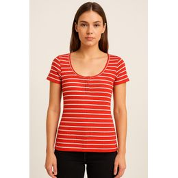 V&eacute;ro Moda T-Shirt VERO MODA "VMSEA SS HENLEY TOP JRS", Damen, Gr. S, wei&szlig; (fiery rot stripes:snow wei&szlig;), Jersey, Obermaterial: 93% Baumwolle, 7% Elasthan, gestreift, slim fit normal, U-Boot-Ausschnitt, Shirts T-Shirt
