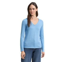 V-Ausschnitt-Pullover Tom Tailor, Damen, Gr. XXL (44), blau (mittelblau, meliert), Feinstrick, Obermaterial: 60% Baumwolle, 40% Viskose, unifarben, figurbetont h&uuml;ftlang, V-Ausschnitt, eng Flachstrickb&uuml;ndchen, Pullover, aus Feinstrick