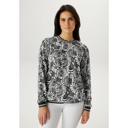 Shirtbluse Aniston SELECTED, Damen, Gr. 44, schwarz, wollwei&szlig;, Cr&ecirc;pe, Obermaterial: 97% Polyester, 3% Elasthan, bedruckt, gemustert, gestreift, figurumspielend h&uuml;ftbedeckend, Rundhals, B&uuml;ndchen, Blusen, mit gestreiften B&uuml;ndchen und Retro-Muster - NEUE KOLLEKTION