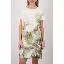 Shirtkleid monari "Kleid Tropical Allover", Damen, Gr. 36, N-Gr, olive gem, Web, Obermaterial: 82% Baumwolle, 13% Modal, 5% Elasthan, gemustert, regular fit ca. Mitte Oberschenkel, Rundhals, eingesetzt abgesteppte Kante, Kleider Shirtkleid, Regular fit mit tropischem Print