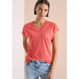 V-Shirt Cecil, Damen, Gr. L (42), shiny coral, Web, 50% Baumwolle, 50% Modal, unifarben, comfort fit normal, V-Ausschnitt, B&uuml;ndchen, Shirts, Jersey