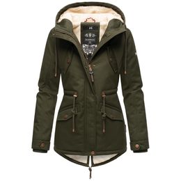 Winterjacke Marikoo "Manolya", Damen, Gr. L (40), gr&uuml;n (dunkelgr&uuml;n), Oberstoff: 100% Baumwolle. Futter: 100% Polyester. Wattierung: 100% Polyester. &Auml;rmelfutter: 100% Polyester, figurbetont Po-bedeckend, hoch geschlossener Ausschnitt, &Auml;rmel ohne &Auml;rmelschlitz Rippstrickb&uuml;ndchen mit Druckknopf, Jacken Winterjacke, stylischer Kurzmantel mit weichem Teddyfell-Futter