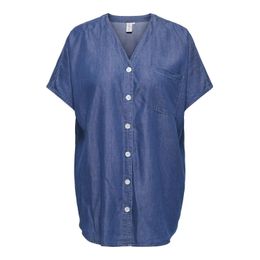Kurzarmbluse Only CARMAKOMA "CARBEA S/S TUNIC DNM GUA", Damen, Gr. 42, medium blau denim, Web, Obermaterial: 65% Baumwolle, 35% Lyocell, unifarben, loose fit Po-bedeckend, V-Ausschnitt, Blusen