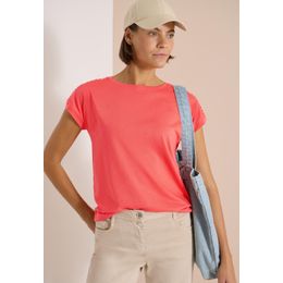 Rundhalsshirt Cecil, Damen, Gr. L (42), shiny coral, Web, 50% Baumwolle, 50% Modal, unifarben, comfort fit normal, U-Boot-Ausschnitt, abgesteppt, Shirts Rundhalsshirt, mit Raffung