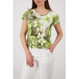 T-Shirt monari "Shirt Blume Allover", Damen, Gr. 36, gr&uuml;n gem, Web, Obermaterial: 50% Baumwolle, 50% Modal, gemustert, regular fit taillenbedeckt, Rundhals, eingesetzt abgesteppte Kante, Shirts T-Shirt, Regular fit mit Blumenprint