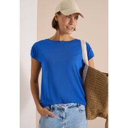 Rundhalsshirt Cecil, Damen, Gr. L (42), surf blau, Web, 50% Baumwolle, 50% Modal, unifarben, comfort fit normal, U-Boot-Ausschnitt, abgesteppt, Shirts Rundhalsshirt, mit Raffung