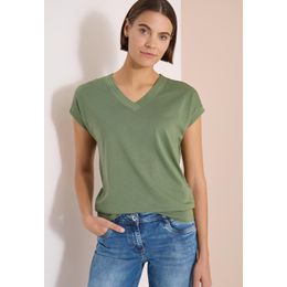 V-Shirt Cecil, Damen, Gr. L (42), deep matcha gr&uuml;n, Web, 50% Baumwolle, 50% Modal, unifarben, comfort fit normal, V-Ausschnitt, B&uuml;ndchen, Shirts, Jersey
