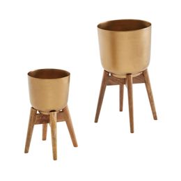Blumentopf FineBuy Pflanzenk&uuml;bel 2er Set Metall Holz Gold Rund Pflanzgef&auml;&szlig;