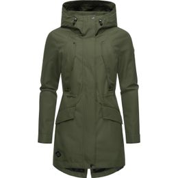Regenmantel Ragwear "Begonia", Damen, Gr. XS (34), gr&uuml;n (olivgr&uuml;n), Obermaterial: 100% Polyester. Innenfutter: 100% Polyester, figurumspielend Po-bedeckend, hoch geschlossener Ausschnitt, mit Kn&ouml;pfen,mit Umschlag,verstellbar Umschlagsaum mit Druckknopf, M&auml;ntel, Wasserdichter Damen &Uuml;bergangsmantel mit gro&szlig;er Kapuze