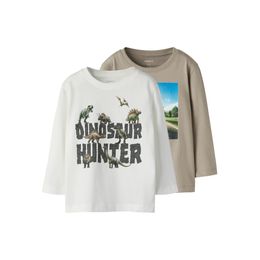 Langarmshirt name it "NMMVOTO 2P LS NREG TOP", Jungen, Gr. 98, vintage khaki pack:cloud dancer, Jersey, Obermaterial: 100% Baumwolle, bedruckt, normal normal, Rundhals, Shirts Langarmshirt