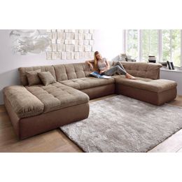Wohnlandschaft DOMO collection "MORIC 353x216x80 cm, mit viel Platz, U-Form, auch in Cord", bunt (braun, beige, braun), B:353cm H:80cm T:216cm, Microfaser PRIMABELLE / Struktur (90% Polyester/ 10% Polyacryl);Kunstleder SOFTLUX / Struktur (90% Polyester/ 10% Polyacryl), Sofas, Wohnlandschaft, im XXL-Format, wahlweise mit Bettfunktion und Armlehnenverstellung