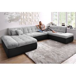 Wohnlandschaft DOMO collection "MORIC 353x216x80 cm, mit viel Platz, U-Form, auch in Cord", silber (schwarz, silber), B:353cm H:80cm T:216cm, Microfaser PRIMABELLE / Struktur (90% Polyester/ 10% Polyacryl);Kunstleder SOFTLUX / Struktur (90% Polyester/ 10% Polyacryl);Cordbezug 100% Polyester, Sofas, Wohnlandschaft, im XXL-Format, wahlweise mit Bettfunktion und Armlehnenverstellung