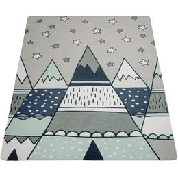 Kinderteppich Paco Home "Chicos 553", grau, B:80cm H:2mm L:150cm, Polyester, Teppiche, Kinderteppich, Flachgewebe, Motiv Berge & Sterne, Kinderzimmer