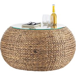 Beistelltisch Home Affaire "Gari&eacute;s", beige (natur), B:80cm H:40cm T:80cm, Tische, Beistelltisch, mit Glastischplatte, aus Wasserhyazinthengeflecht, Durchmesser 80 cm