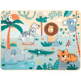 Steckspielzeug Small Foot "Steckpuzzle Safari Tierlaute", bunt, Steckspielzeug, BabyB:30cm H:3cm T:22cm, Holz, Kunststoff, Metall, mit Ger&auml;uschfunktion, B:30cm H:3cm T:22cm