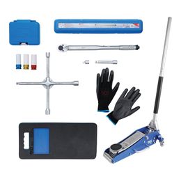 BGS-technic BGS Radwechsel Spar-Set 10-tlg. mit Wagenheber + Drehmomentschl&uuml;ssel + Felgen-Schon-Eins&auml;tze + Knieschoner + Kreuzschl&uuml;ssel + Kreuzschl&uuml;ssel + Handsc (9680)