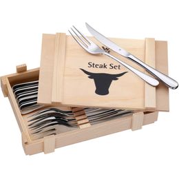 Steakbesteck WMF "inklusive Holzkiste, Monobloc, Wellenschliff, auch als Pizzabesteck", silber (edelstahlfarben), 12 Stk., Cromargan Edelstahl Rostfrei 18/10, Essbesteck-Sets, sp&uuml;lmaschinengeeignet, formstabil, hygienisch und s&auml;urefest
