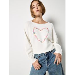Strickfleece-Pullover Apricot "Pullover", Damen, Gr. M (38), beige (creme), Strick, Obermaterial: 47% Viskose CV. 34% Polyester PES. 19% Nylon NY., gemustert, normal, Gerippt, Pullover, mit bunten Herzstickereien