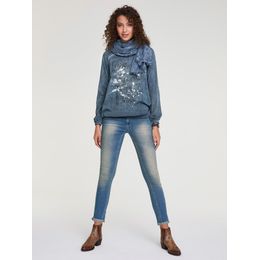 Schlupfbluse Heine, Damen, Gr. 34, blau (jeansblau), 100% Viskose, bedruckt, gemustert, Rundhals, Blusen Schlupfbluse