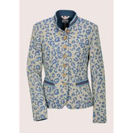 Madeleine Mode Jackenblazer MADELEINE "Blazer Jacquardblazer mit Leo-Muster", Damen, Gr. 34, blau (rauchblau, beige, multicolor), Obermaterial: 84% Baumwolle CO. 13% Polyester PES. 3% sonstige Fasern AF., Modern, gerade, Blazer, Leo-Jacquard