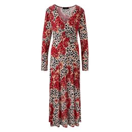 Midikleid Aniston SELECTED, Damen, Gr. 36, N-Gr, bunt (rot, dunkelrot, schwarz, sanftes wei&szlig;), Jersey, Obermaterial: 95% Viskose, 5% Elasthan, bedruckt, gemustert, figurumspielend wadenlang, V-Ausschnitt, Kleider Midikleid, mit Smok-Details und fantasievollem Leo-Print - NEUE KOLLEKTION