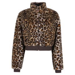 Allwetterjacke Urban Classics "Urban Classics Ladies Cropped Faux Fur Leo Jacket", Damen, Gr. L, leo, 100% Polyester, normal, hoch geschlossener Ausschnitt, Jacken