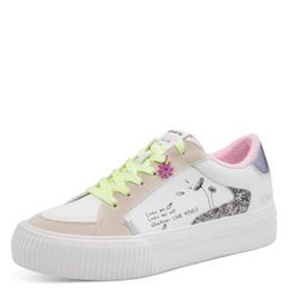 Plateausneaker Tamaris, Damen, Gr. 37, wei&szlig; kombiniert, Lederimitat, Textil, kontrastfarbene Details, Schuhe Plateausneaker, Freizeitschuh, Halbschuh, Schn&uuml;rer mit Kontrastbes&auml;tzen und Glitzer