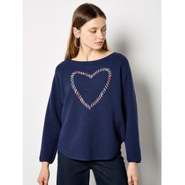 Strickfleece-Pullover Apricot "Pullover", Damen, Gr. XS (34), blau (navy), Strick, Obermaterial: 47% Viskose CV. 34% Polyester PES. 19% Nylon NY., gemustert, normal, Gerippt, Pullover, mit bunten Herzstickereien