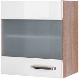 Flex-Well Glash&auml;ngeschrank &raquo;Florenz&laquo; (B x H x T) 50 x 54,8 x 32 cm, mit Stollenglast&uuml;ren wei&szlig; Glas, Holzwerkstoff Sonoma Eiche, B/H/T: 50cm x 54cm x 32cm, T&uuml;ren