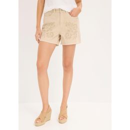 bonprix Bermuda aus reiner Baumwolle, beige, Gr.42, Mit G&uuml;rtelschlaufen, Taschen und mit Blumenapplikation, 100% Baumwolle
