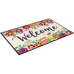 wash+dry by Kleen-Tex Fu&szlig;matte &raquo;Welcome Blooming&laquo; rechteckig 7 mm H&ouml;he Schmutzfangmatte, mit Spruch, rutschhemmend, waschbar bunt Polyamid B : 50cm 1 