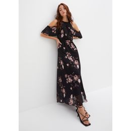 bonprix Maxikleid aus Mesh, schwarz, Gr.48/50 (XL), Modernes langes Kleid mit Volant und sch&ouml;nem Druck