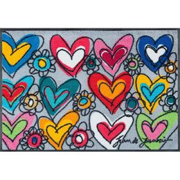 wash+dry by Kleen-Tex Fu&szlig;matte &raquo;With Love&laquo; rechteckig 7 mm H&ouml;he Schmutzfangmatte, Motiv Herzen, rutschhemmend, waschbar grau Kunstfaser B : 50cm 1 Stk