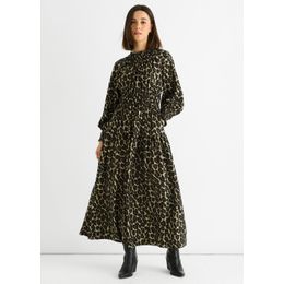 Khaki Tierdruck Gerafftes Hohe-Hals Maxi-Kleid