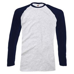 Fruit of the Loom - T-Shirt f&uuml;r Herren - Baseball Lang&auml;rmlig (Grau/Marineblau)