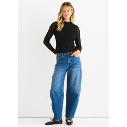 Schwarzes hochgeschlossenes Jersey-Spitzen-Top mit langen &Auml;rmeln
