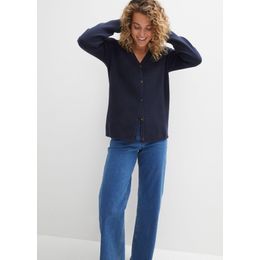 bonprix Feinstrickjacke, blau, Gr.36/38 (S), zeitlose Strickjacke aus Milano Strick mit Kn&ouml;pfen in edler Hornoptik, 50% Baumwolle