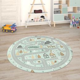 Paco Home Kinderteppich &raquo;Chicos 550&laquo; rund 2 mm H&ouml;he Flachgewebe, Stra&szlig;en-Spiel-Teppich, Kinderzimmer blau Polyester &Oslash; 120cm 1 Stk., 2mm, &Oslash; 120cm