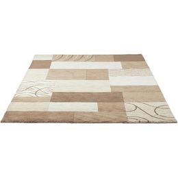 Theko Wollteppich &raquo;Domas 4028&laquo; rechteckig 12 mm H&ouml;he Kurzflor, reine Wolle, handgekn&uuml;pft, modernes Patchwork Design braun Schurwolle B : 300cm 1 Stk.,