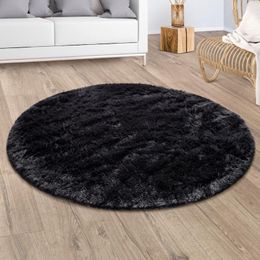 Paco Home Hochflor-Teppich &raquo;Silky 591&laquo; rund 37 mm H&ouml;he Uni-Farben, besonders weich und kuschelig, Wohnzimmer schwarz Polyester &Oslash; 160cm 1 Stk., 37mm, &Oslash; 160cm
