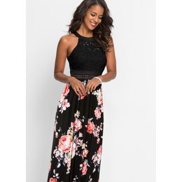 Jerseykleid bonprix, Damen, Gr. 42, N-Gr, schwarz (schwarz, rosa gebl&uuml;mt), Jersey, Obermaterial: 97% Polyester, 3% Elasthan. Besatz: 90% Baumwolle, 10% Elasthan. Futter: 100% Polyester, gemustert, ausgestellt kn&ouml;chellang, amerikanischer Ausschnitt, Kleider Jerseykleid, f&uuml;r einen romantischen Look, amerikanischer Ausschnitt